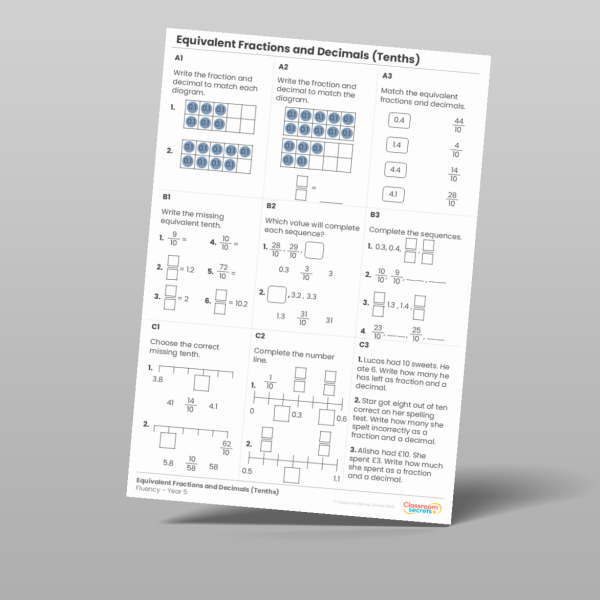 Year 5 Equivalent Fractions And Decimals Tenths Fluency Matrix Resource ...