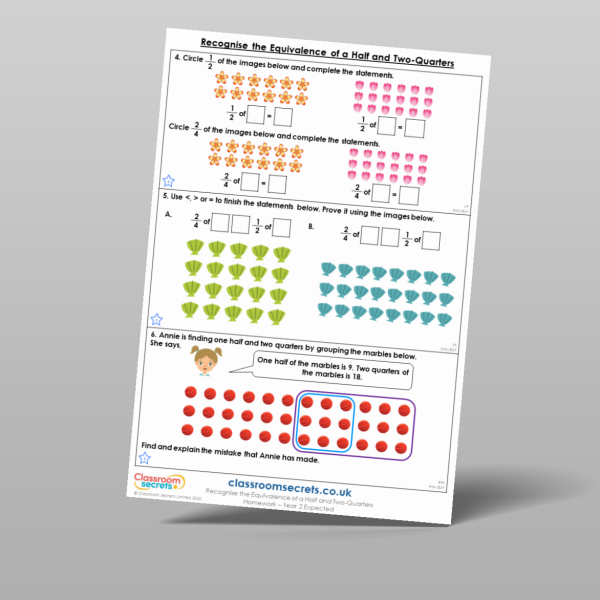 Year 2 Recognise The Equivalence Of A Half And Two Quarters Homework ...