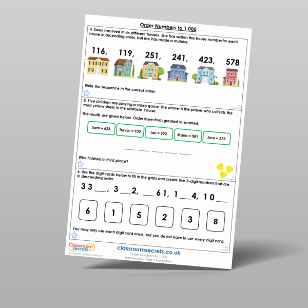 Year 3 Order Numbers To 1 000 Homework Resource | Classroom Secrets
