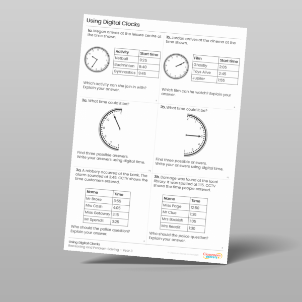 Year 3 Using Digital Clocks Reasoning And Problem Solving Resource ...
