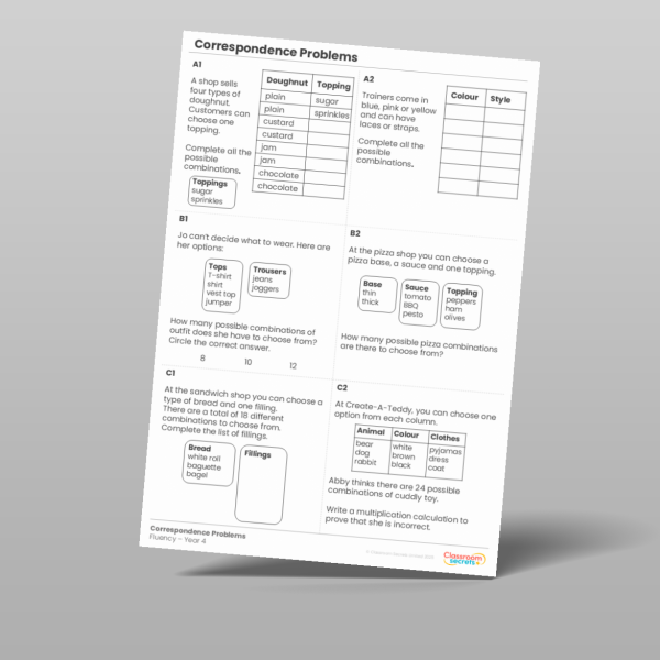 Year 4 Correspondence Problems Fluency Matrix Resource | Classroom Secrets