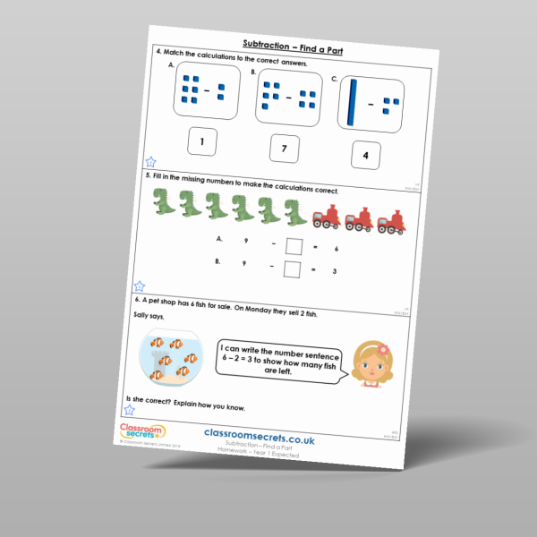 Year 1 Subtraction Find A Part Homework Resource | Classroom Secrets