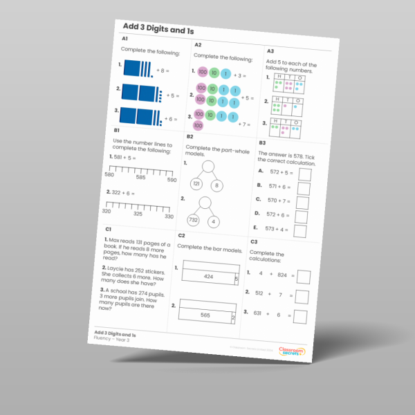 Year 3 Add 3 Digits And 1s Fluency Matrix Resource | Classroom Secrets
