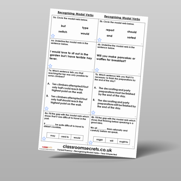 Year 5 Recognising Modal Verbs Varied Fluency Resource | Classroom Secrets