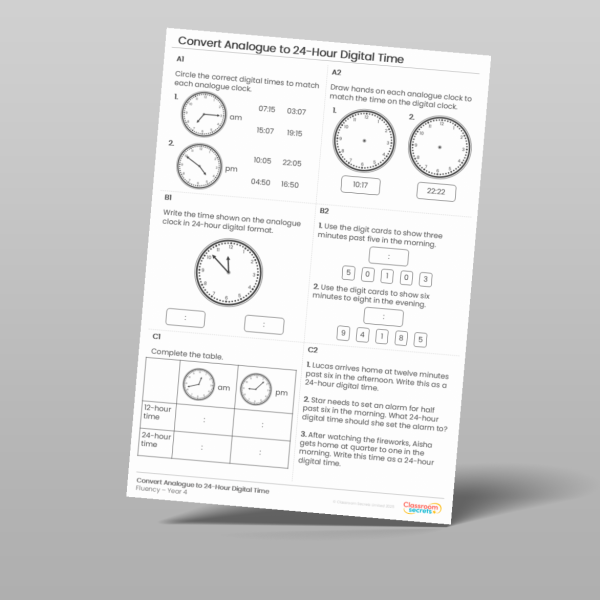 Year 4 Convert Analogue To 24 Hour Digital Time Fluency Matrix Resource ...