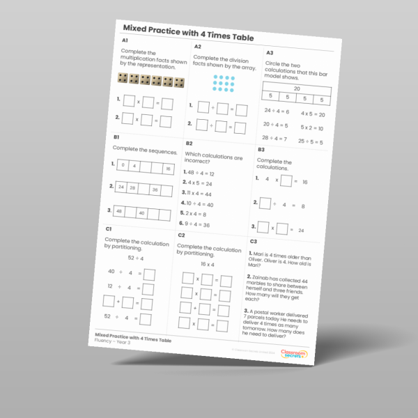 Mixed Practice with 4 Times Table Fluency Matrix Resource | Classroom ...