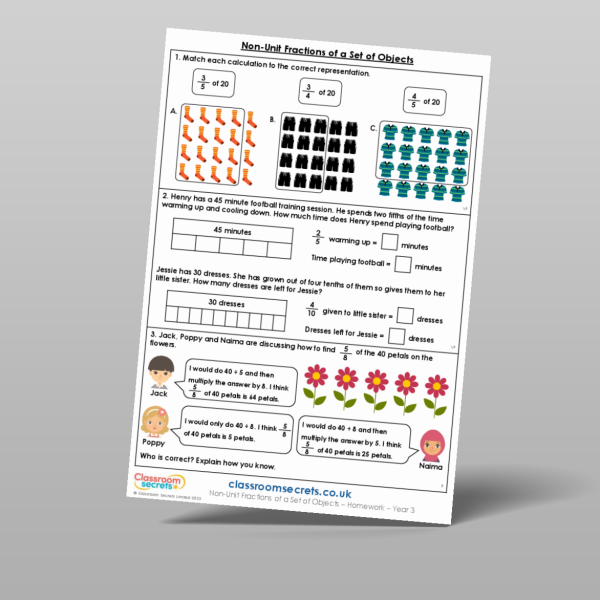 Year 3 Non Unit Fractions Of A Set Of Objects Homework Resource ...