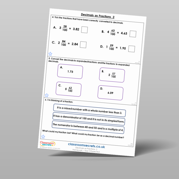 Year 5 Decimals As Fractions 2 Homework Resource | Classroom Secrets