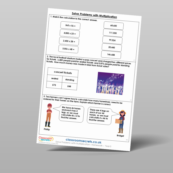 Year 5 Solve Problems With Multiplication Homework Resource | Classroom ...