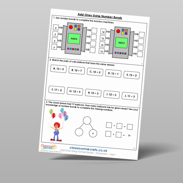 Year 1 Add Ones Using Number Bonds Homework Resource | Classroom Secrets