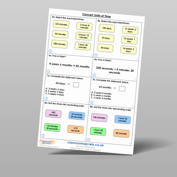 Year 5 Convert Units Of Time Varied Fluency Resource | Classroom Secrets