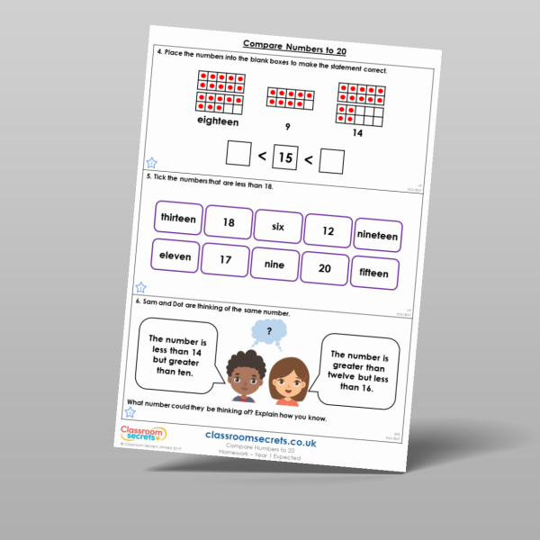 Year 1 Compare Numbers To 20 Homework Resource | Classroom Secrets