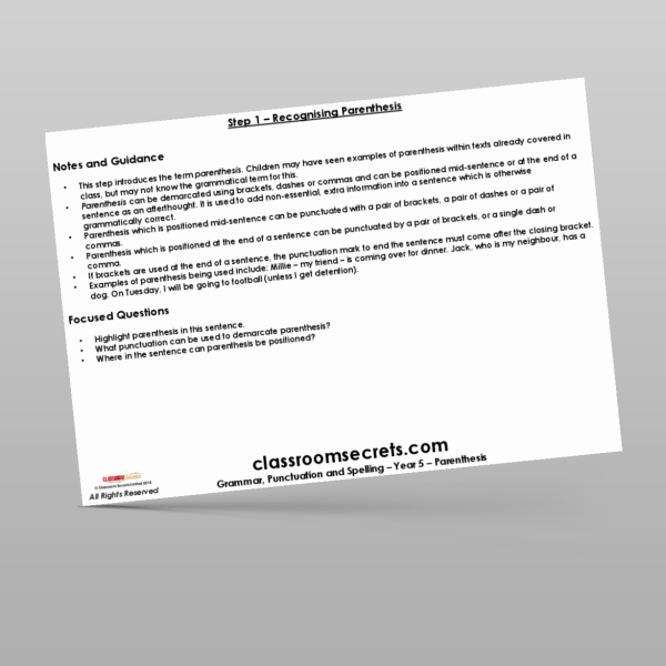 Year 5 Punctuation Parenthesis Guidance Resource | Classroom Secrets