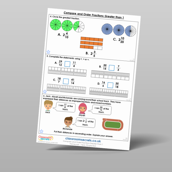 Year 5 Compare And Order Fractions Greater Than 1 Homework Resource | Classroom Secrets