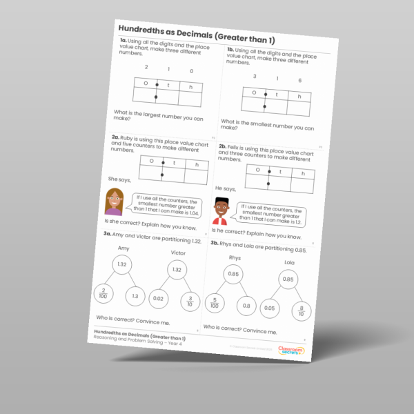 Year 4 Hundredths As Decimals Greater Than 1 Reasoning And Problem ...