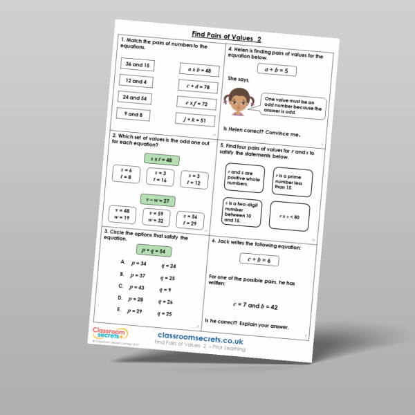Year 6 Find Pairs Of Values 2 Prior Learning Resource | Classroom Secrets