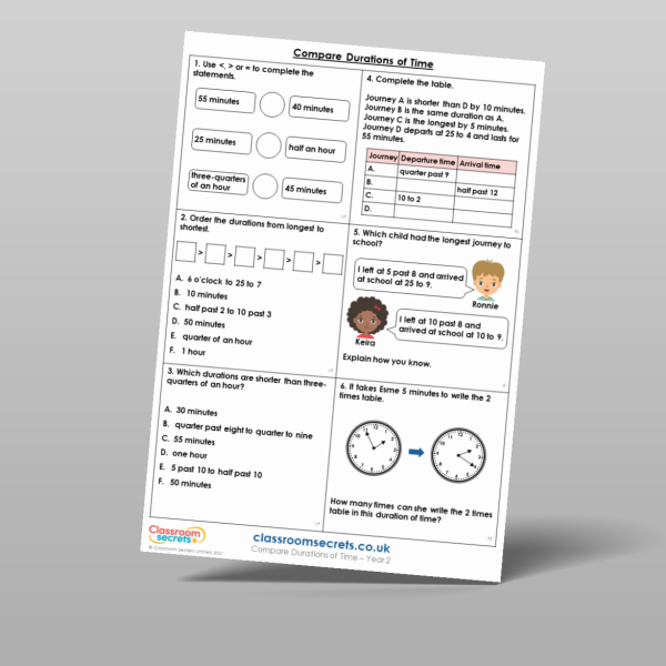 Year 2 Compare Durations Of Time Mixed Activity Resource | Classroom ...