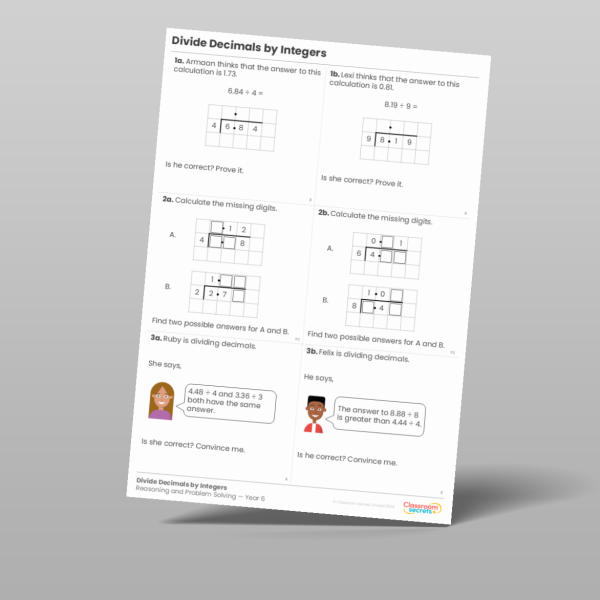 Year 6 Divide Decimals By Integers Reasoning And Problem Solving 2 ...