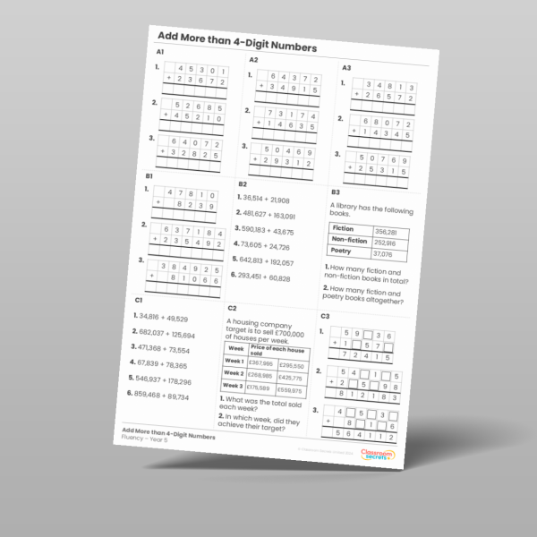 Year 5 Add More Than 4 Digit Numbers Fluency Matrix Resource ...