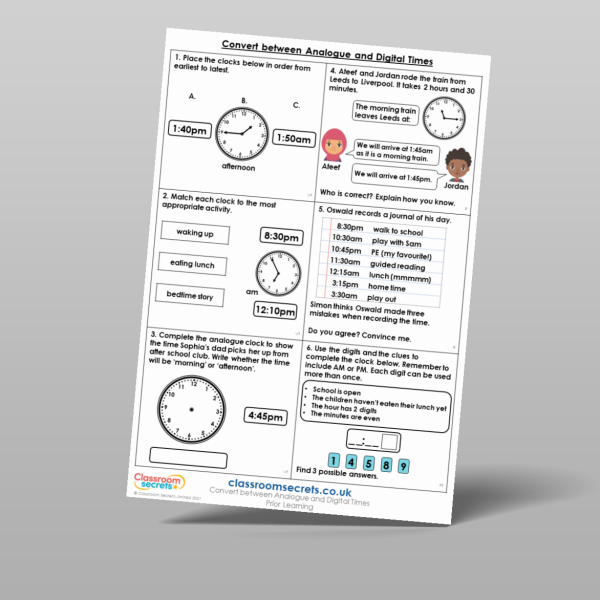 Year 4 Convert Between Analogue Digital Times Prior Learning Resource ...