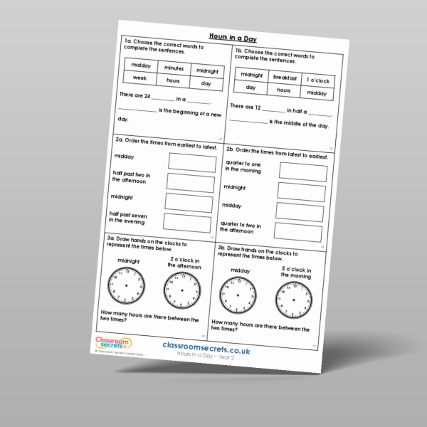 Year 2 Hours In A Day Varied Fluency Resource | Classroom Secrets