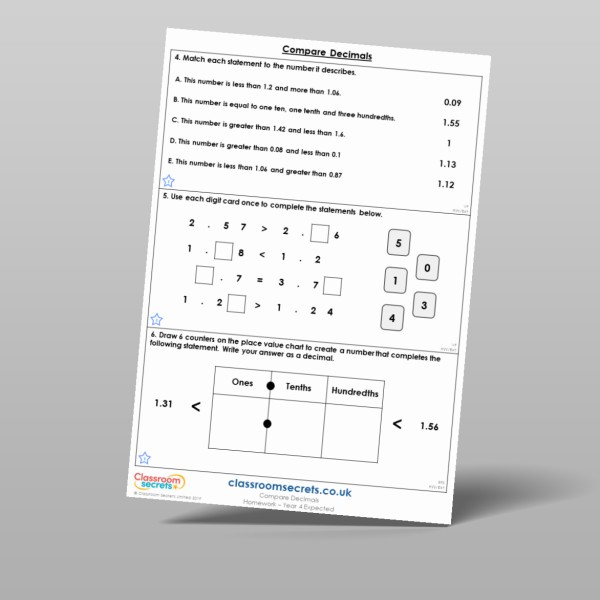 Year 4 Compare Decimals Homework Resource | Classroom Secrets