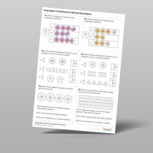 Improper Fractions to Mixed Numbers Varied Fluency Resource | Classroom ...