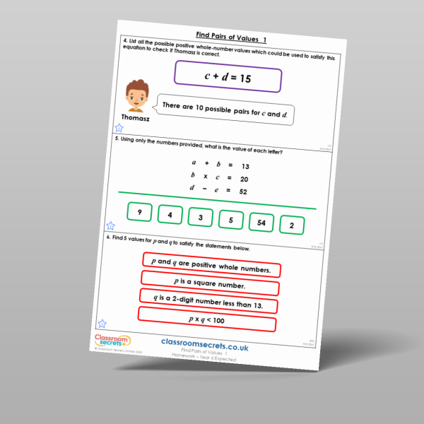 Year 6 Find Pairs Of Values 1 Homework Resource | Classroom Secrets