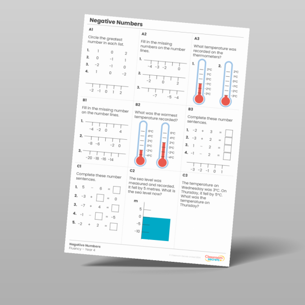 Year 4 Negative Numbers Fluency Matrix Resource | Classroom Secrets