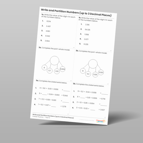Write and Partition Numbers (up to 3 Decimal Places) Varied Fluency ...