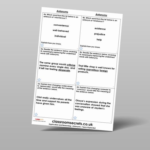 Year 6 Antonyms Application And Reasoning Resource | Classroom Secrets
