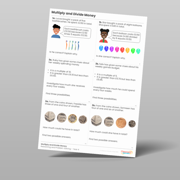Year 4 Multiply And Divide Money Reasoning And Problem Solving Resource ...