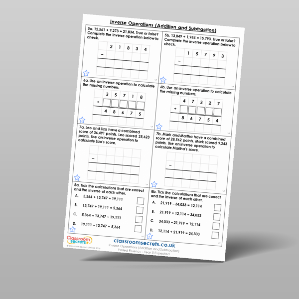 Year 5 Inverse Operations Addition And Subtraction Varied Fluency ...