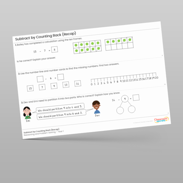 Year 1 Subtract By Counting Back Recap Reasoning And Problem Solving Resource | Classroom Secrets