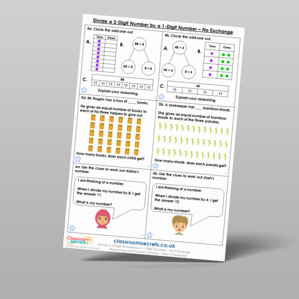 Year 3 Divide A 2 Digit Number By A 1 Digit Number No Exchange Reasoning And Problem Solving ...
