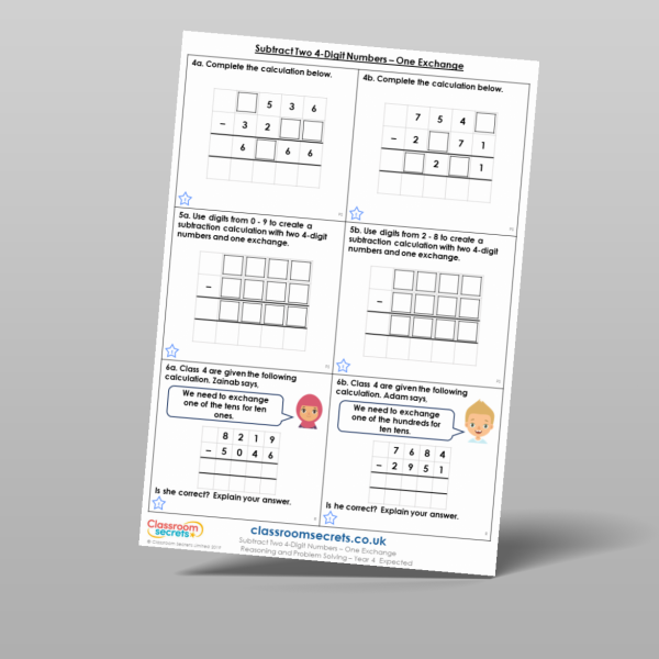 Year 4 Subtract Two 4 Digit Numbers One Exchange Reasoning And Problem ...