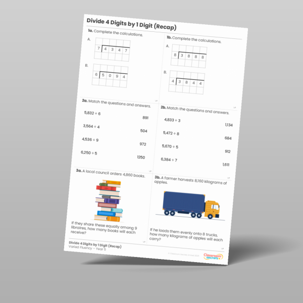 Year 5 Divide 4 Digits By 1 Digit Recap Varied Fluency Resource ...