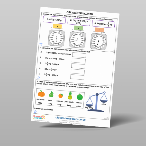 Year 3 Add And Subtract Mass Homework Resource | Classroom Secrets