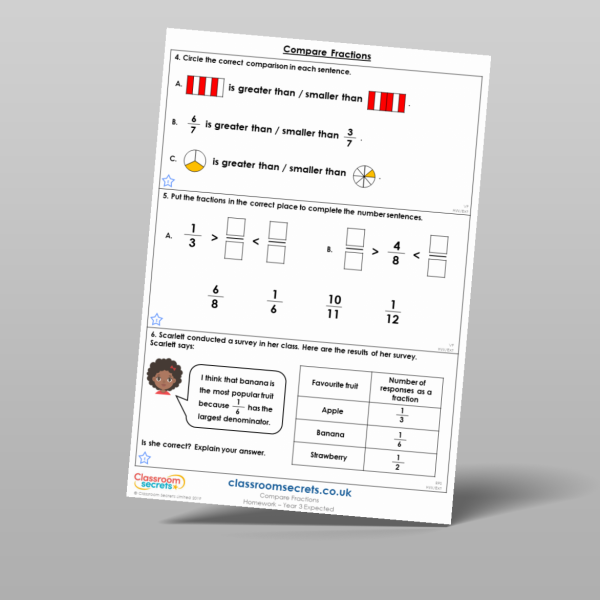 Year 3 Compare Fractions Homework Resource | Classroom Secrets