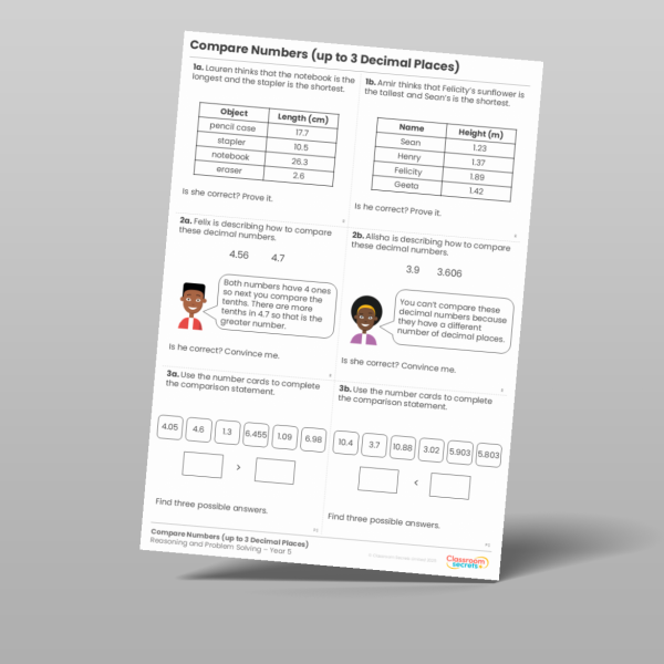 Year 5 Compare Numbers Up To 3 Decimal Places Reasoning And Problem ...