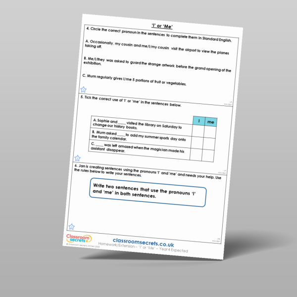 Year 4 I Or Me Homework Resource | Classroom Secrets