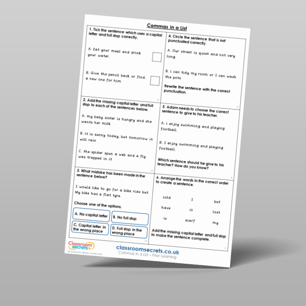Year 2 Recognising Commas In A List Prior Learning Resource | Classroom Secrets
