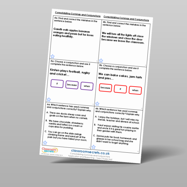 Year 2 Consolidating Commas And Conjunctions Application And Reasoning Resource Classroom Secrets