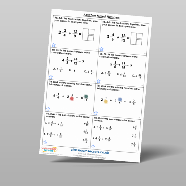 Year 5 Add Two Mixed Numbers Varied Fluency Resource | Classroom Secrets