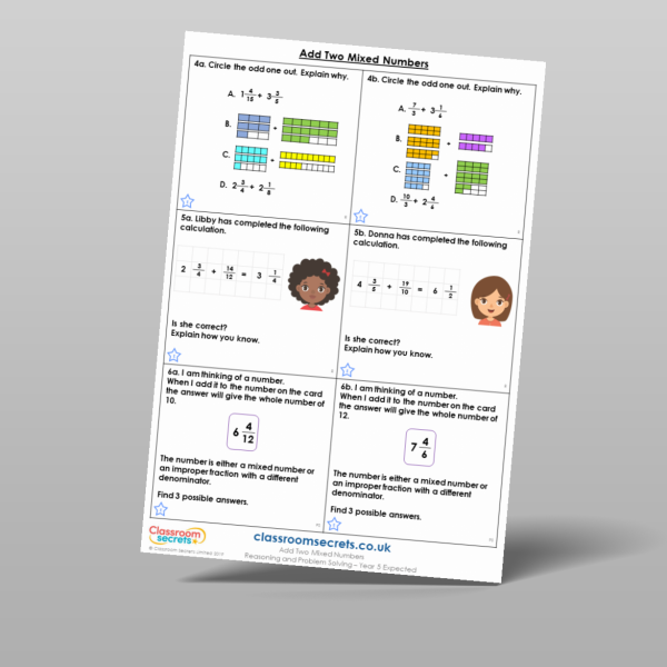 Year 5 Add Two Mixed Numbers Reasoning And Problem Solving Resource ...