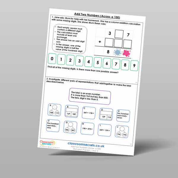 Year 3 Add Two Numbers Across A 100 Discussion Problem Resource ...