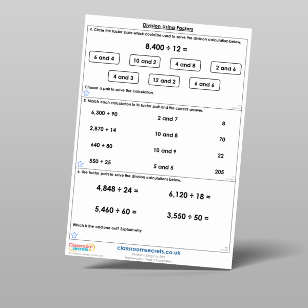 Year 6 Division Using Factors Homework Resource | Classroom Secrets