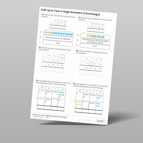 Year 4 Add Up To Two 4 Digit Numbers 1 Exchange Varied Fluency Resource | Classroom Secrets