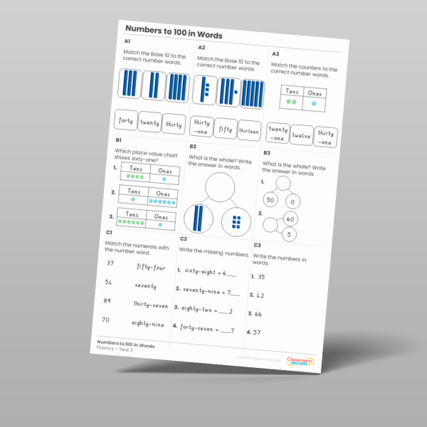 Year 2 Numbers To 100 In Words Fluency Matrix Resource | Classroom Secrets