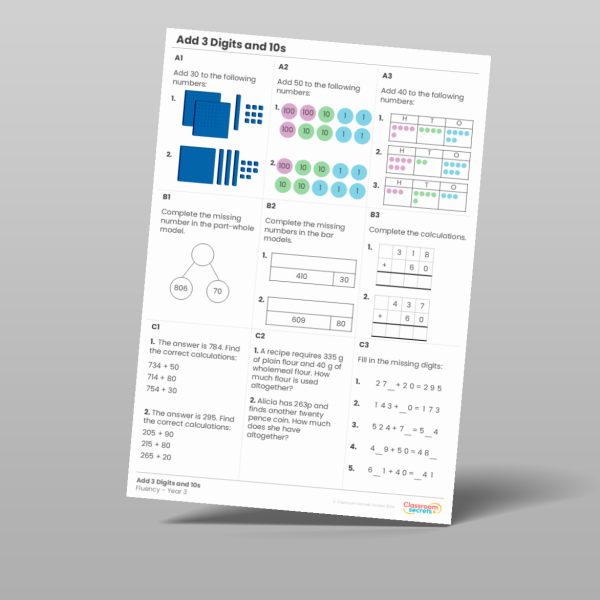 Year 3 Add 3 Digits And 10s Fluency Matrix Resource | Classroom Secrets